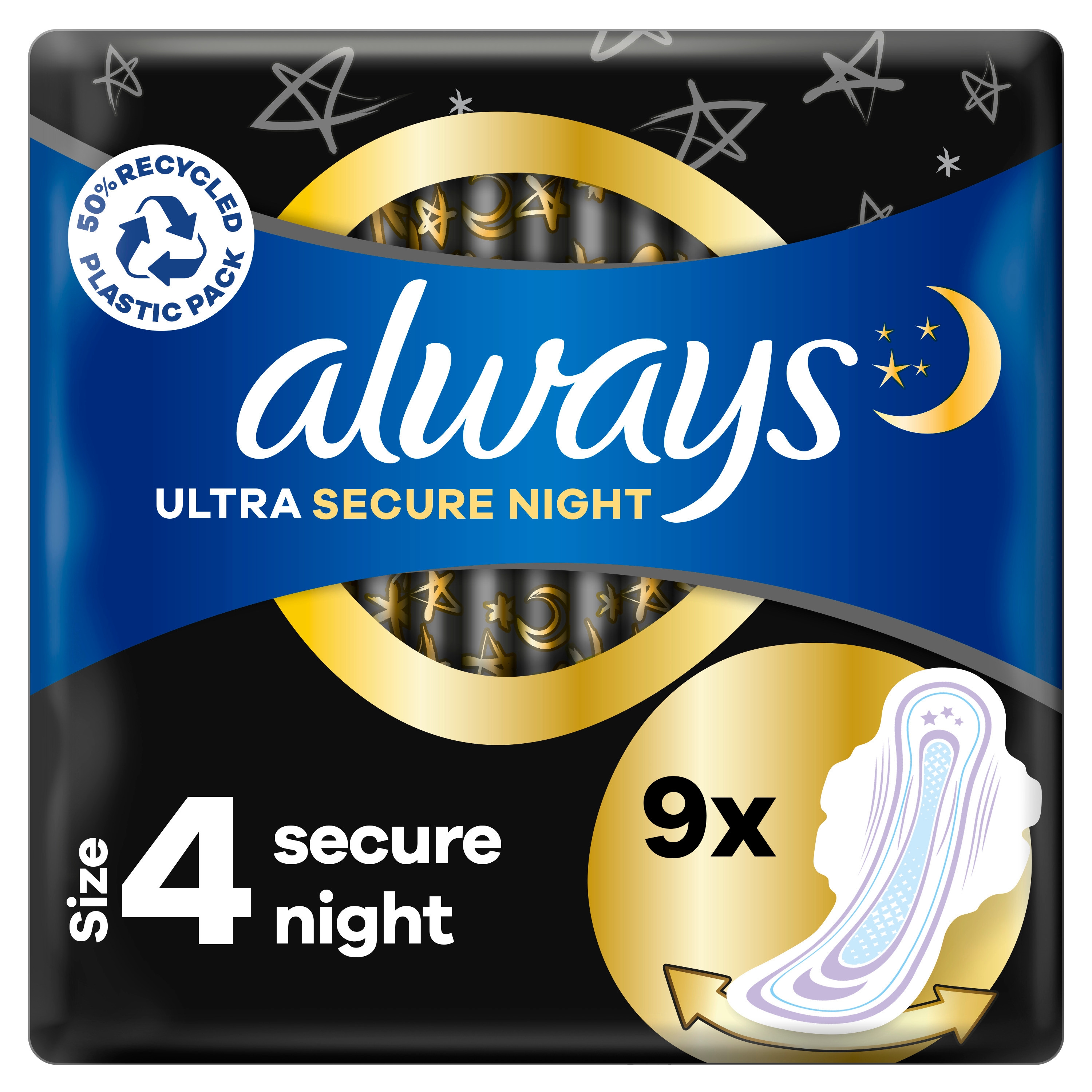 Köp Always Ultra Bindor Secure Night S4 Med Vingar 9 st - på MEDS.se