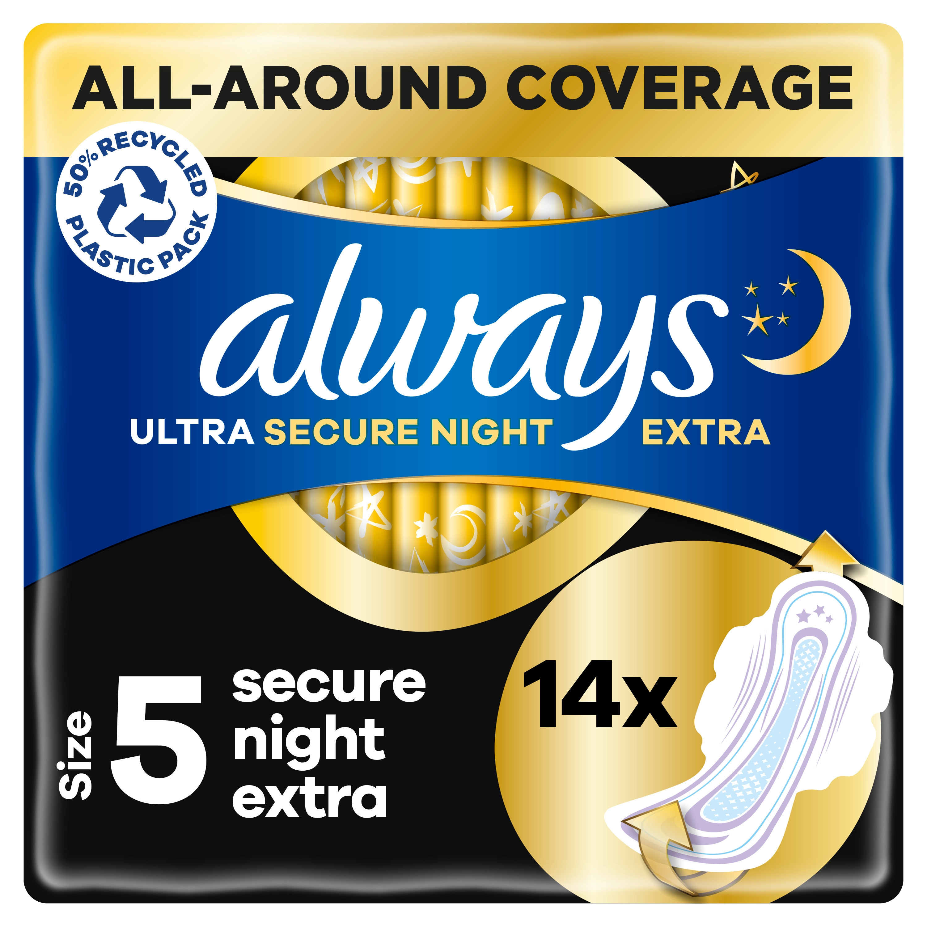 Köp Always Ultra Secure Night Extra S5 Bindor Med Vingar 14 st - på MEDS.se