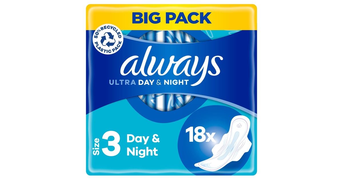 Köp Always Ultra Day & Night Bindor Storlek 3 Med Vingar 18 st - på MEDS.se