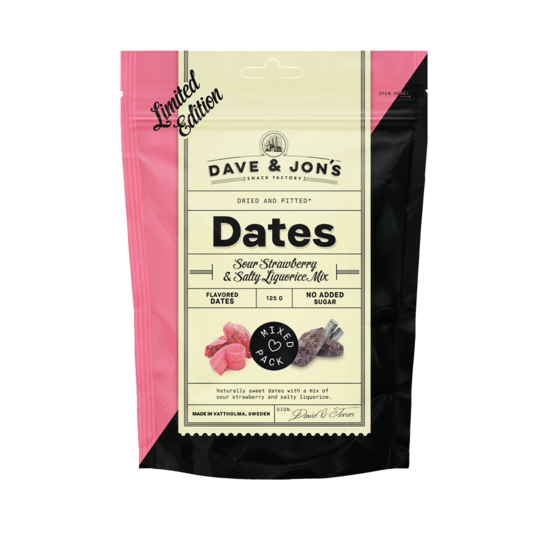 Köp Dave & Jon´s Dadlar Sour Strawberry & Salty Liqourice Mix 125 g ...