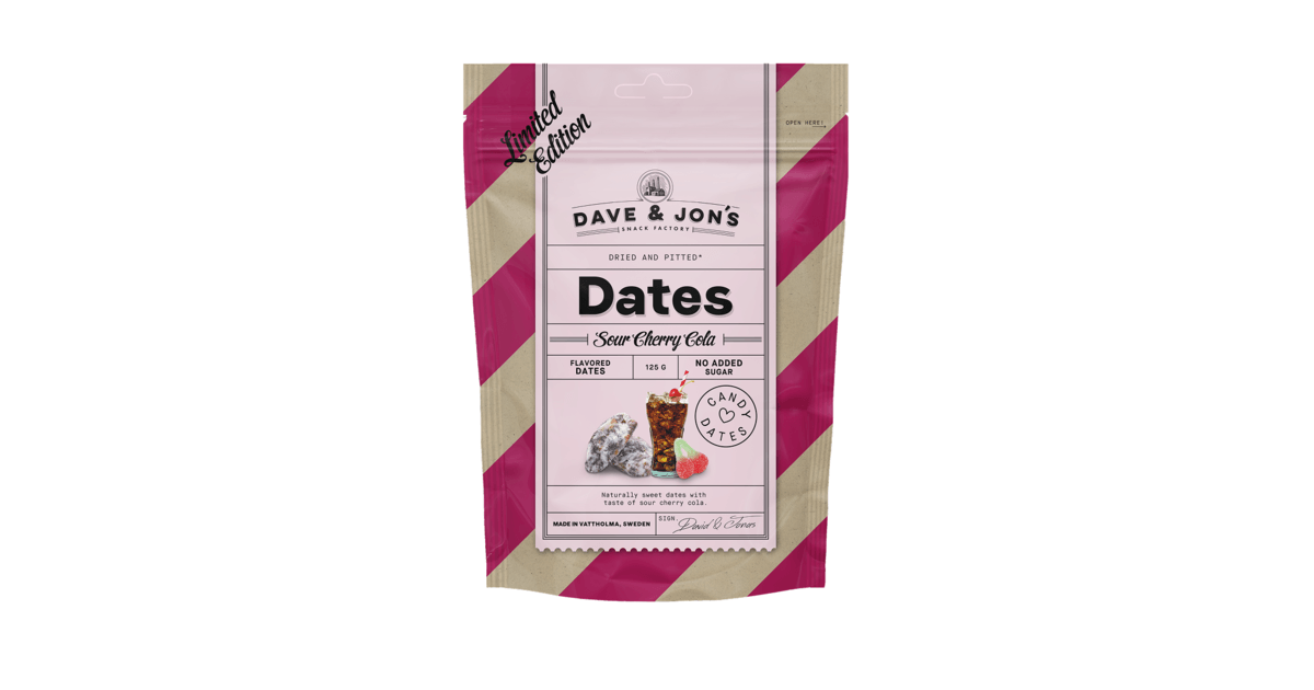 Köp Dave & Jon´s Dadlar Sour Cherry Cola 125 g - på MEDS.se
