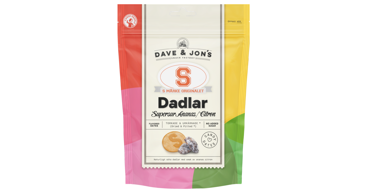 Köp Dave & Jon´s Dadlar S-märke Supersur Ananas/Citron 125 g - på MEDS.se