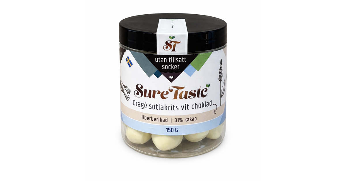Köp Sure Taste Sötlakrits Vit Choklad 150 g - på MEDS.se