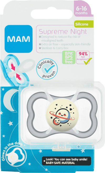 Köp MAM Supreme Night 6-16m Silicone White 1-pack - på MEDS.se